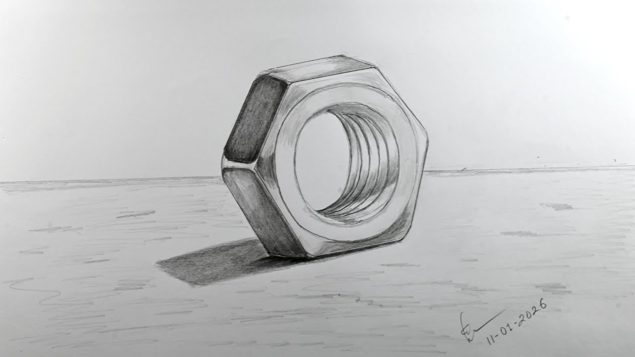 How to Draw a Realistic 3D Hex Nut | Pencil Sketch Tutorial - YouTube