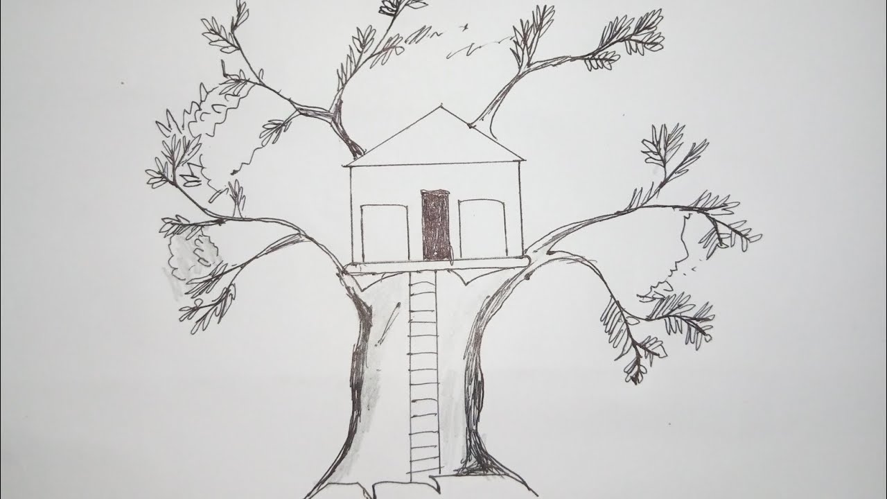 A house on the tree. How to draw a house on the tree. - YouTube