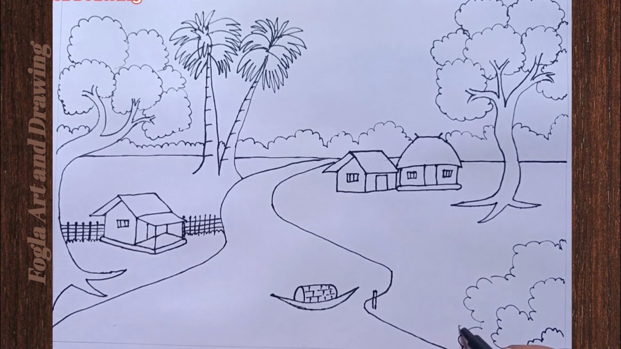 Village river scenery drawing - YouTube