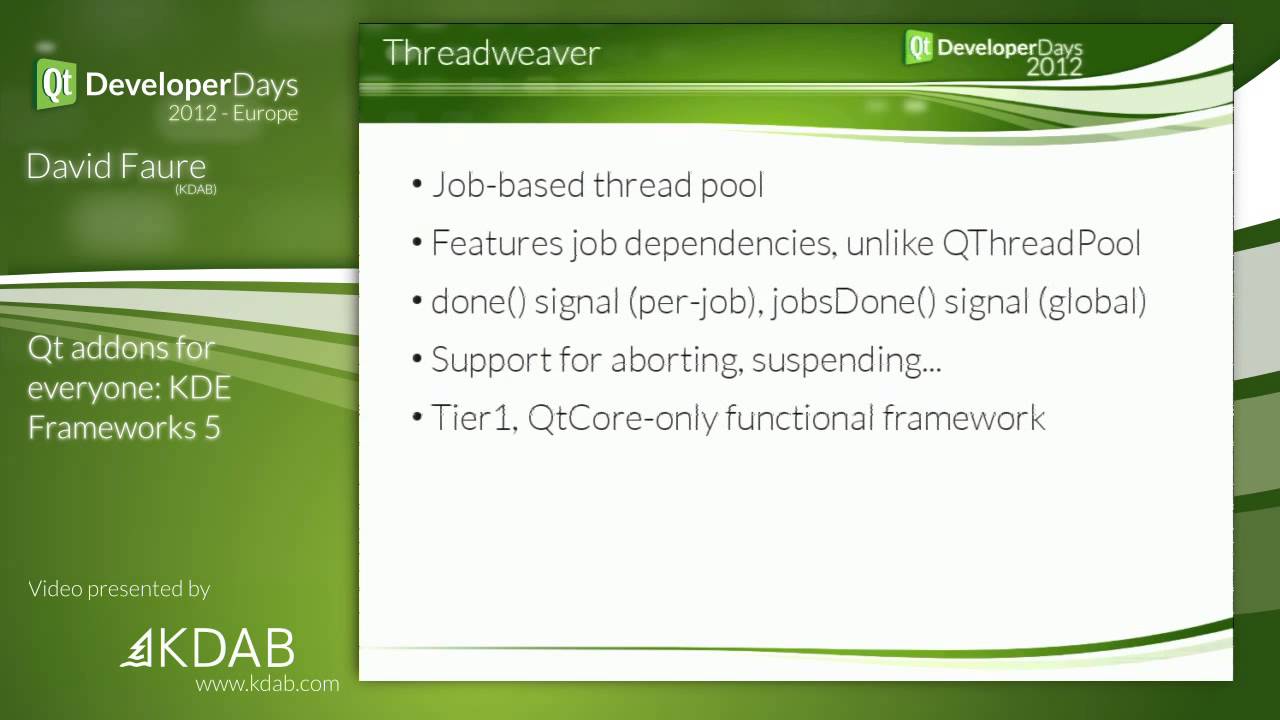 QtDD12 - Qt addons for everyone: KDE Frameworks 5 - David Faure - YouTube