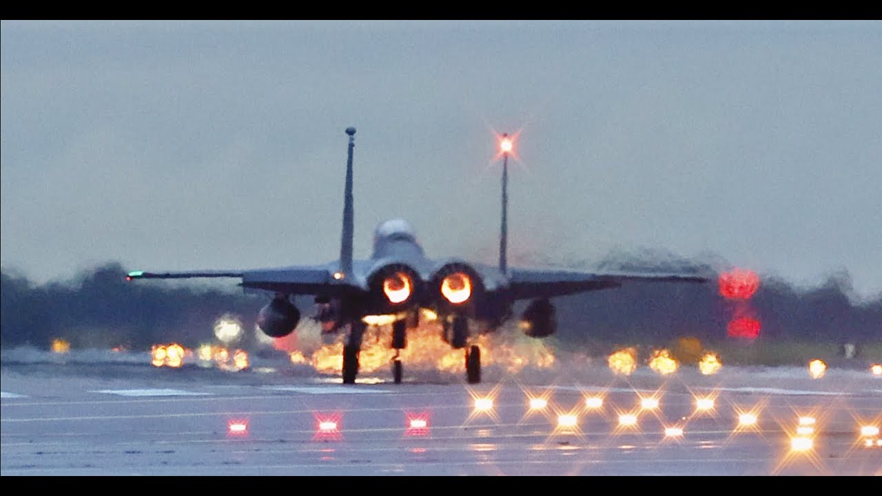fighter jet full afterburner at NIGHT - 4-Ship - f15 takeoff lakenheath ...