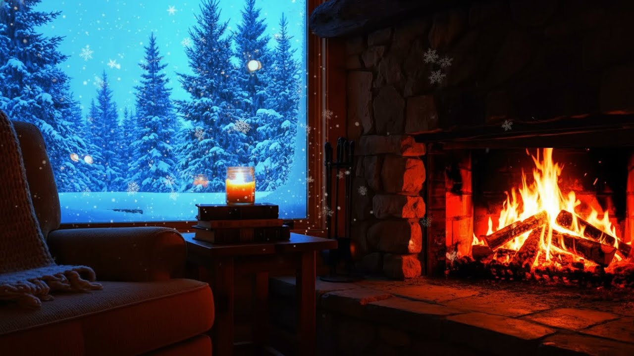 Winter Fireplace Ambience | Crackling Fireplace & Deep Winter Blizzard ...