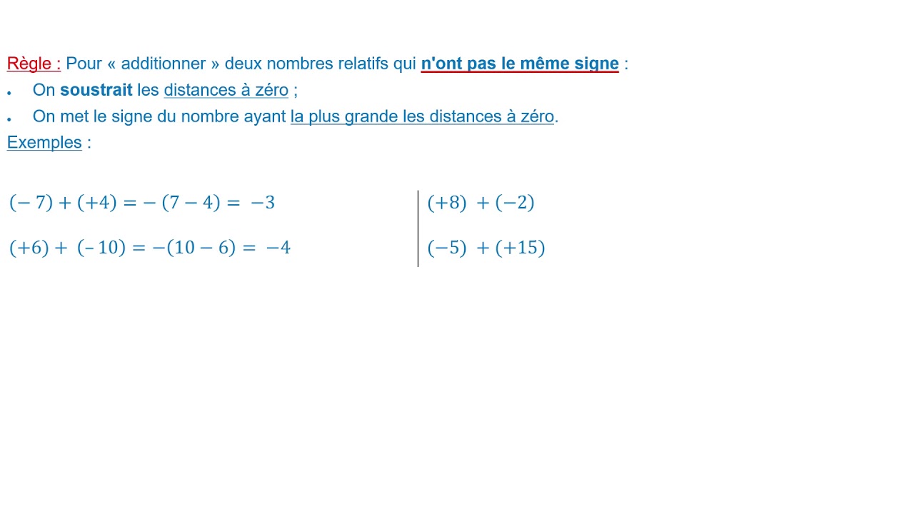 Additions de nombres relatifs de signe différent - YouTube