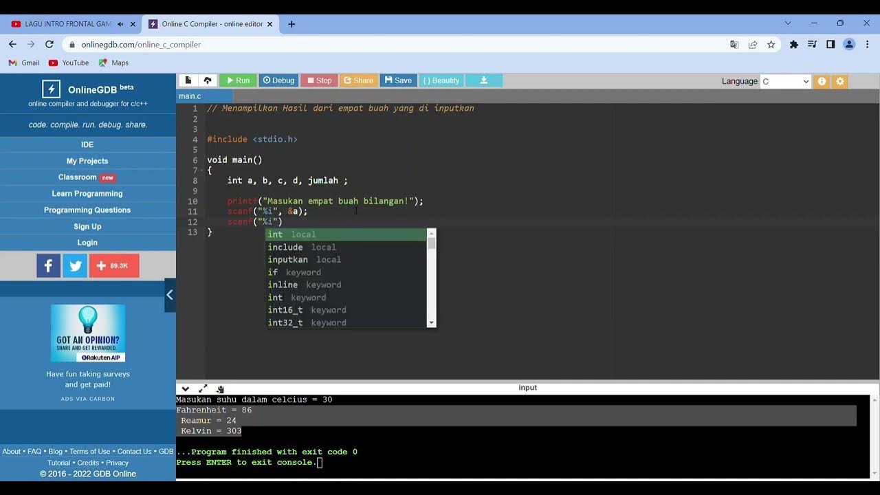 Konversi suhu Celcius ke Fahrenheit, Reamur dan Kelvin dengan Bahasa C ...