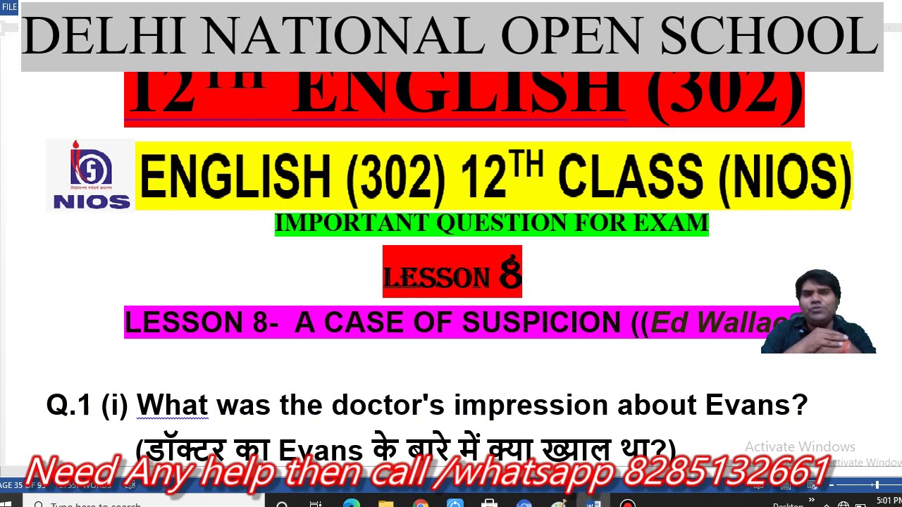 NIOS| 12 TH ENGLISH 302 LESSON 8 | IMPORTANT QUESTION WITH HINDI AND ...