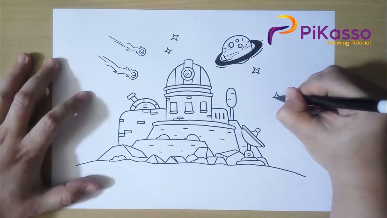 How to Draw Astronomical observatory telescope with planet and ...