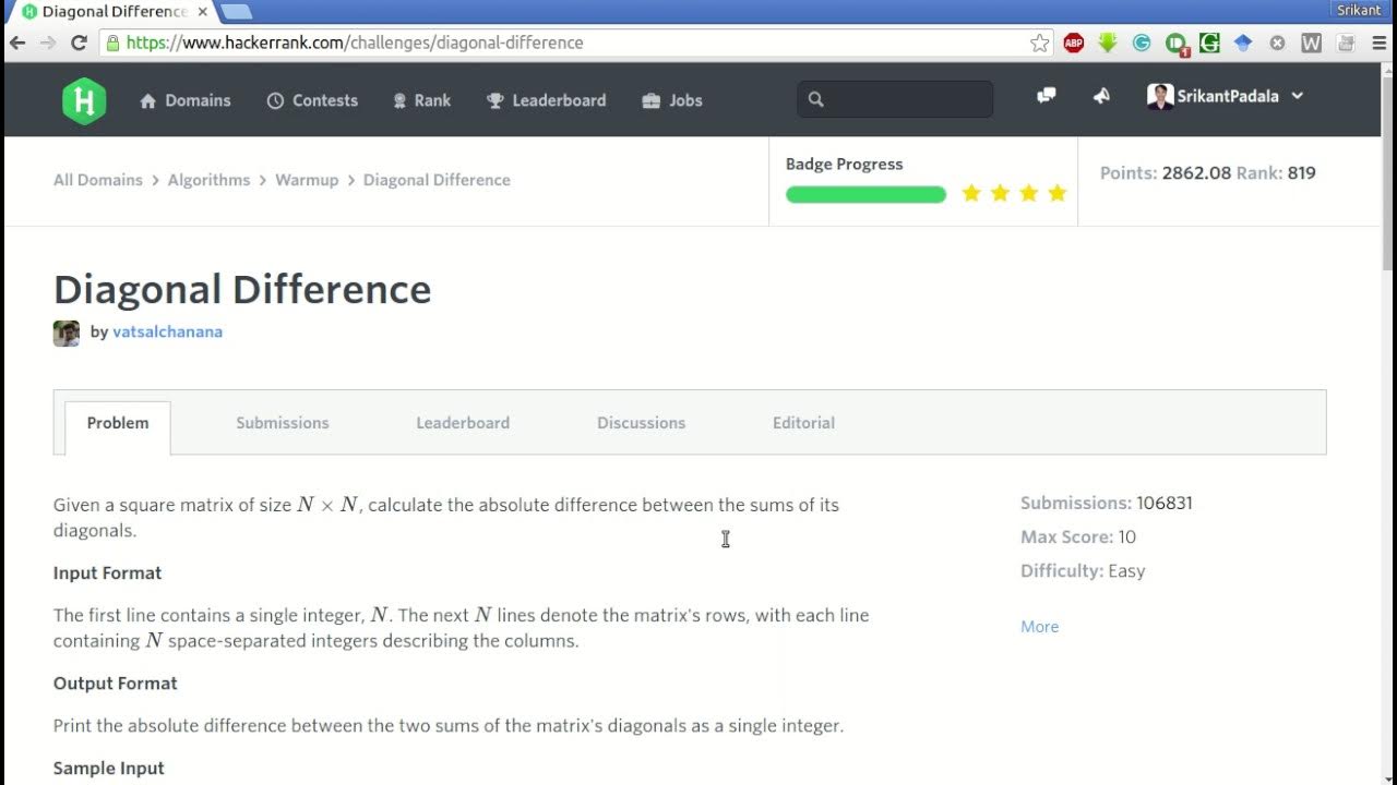 HackerRank | Diagonal Difference Solution - YouTube