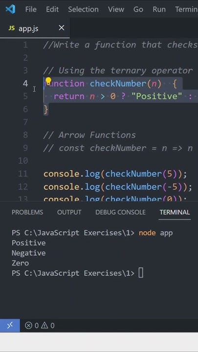 Write a function that checks if a given number is positive, negative or zero | JS Exercise 1 ...
