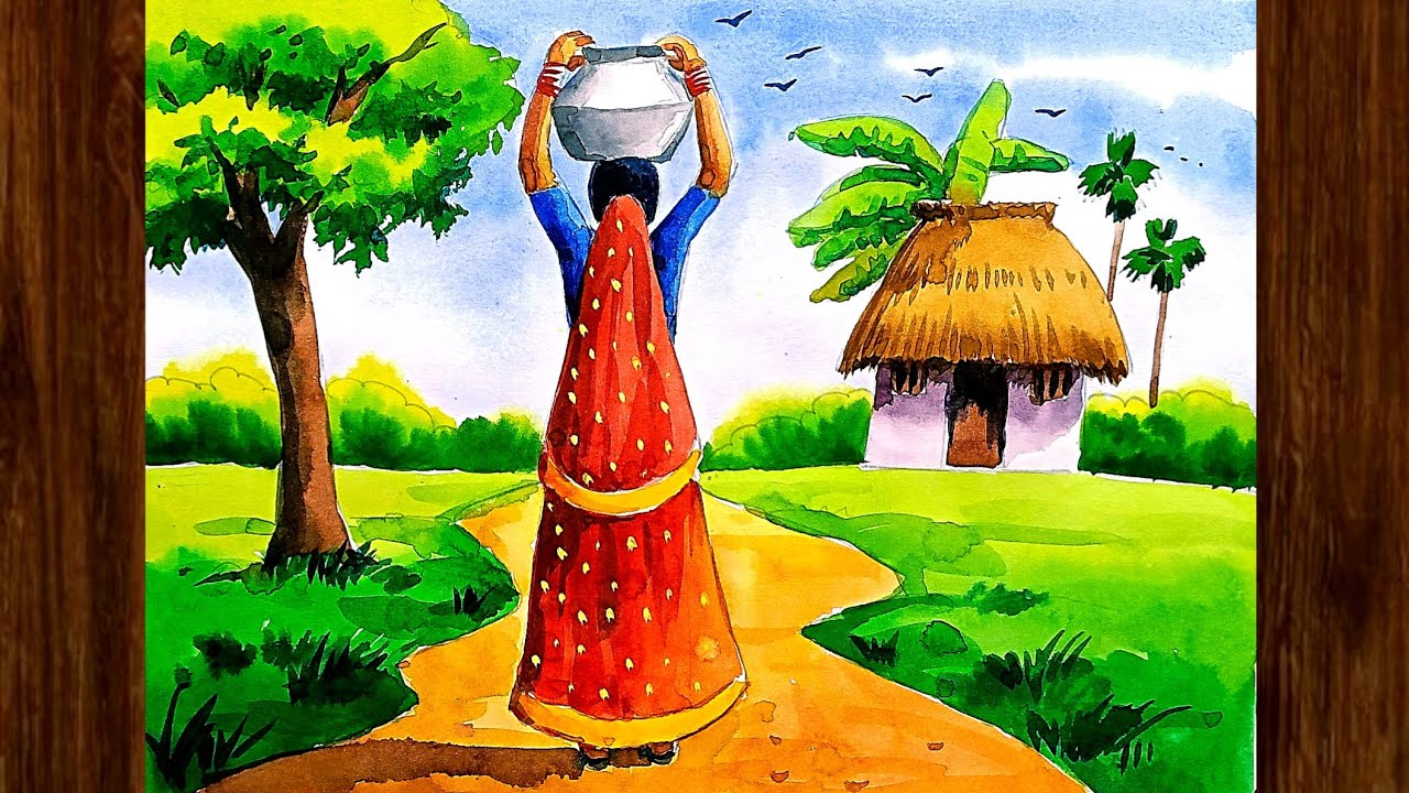 Village drawing step by step with watercolour/Village women drawing ...