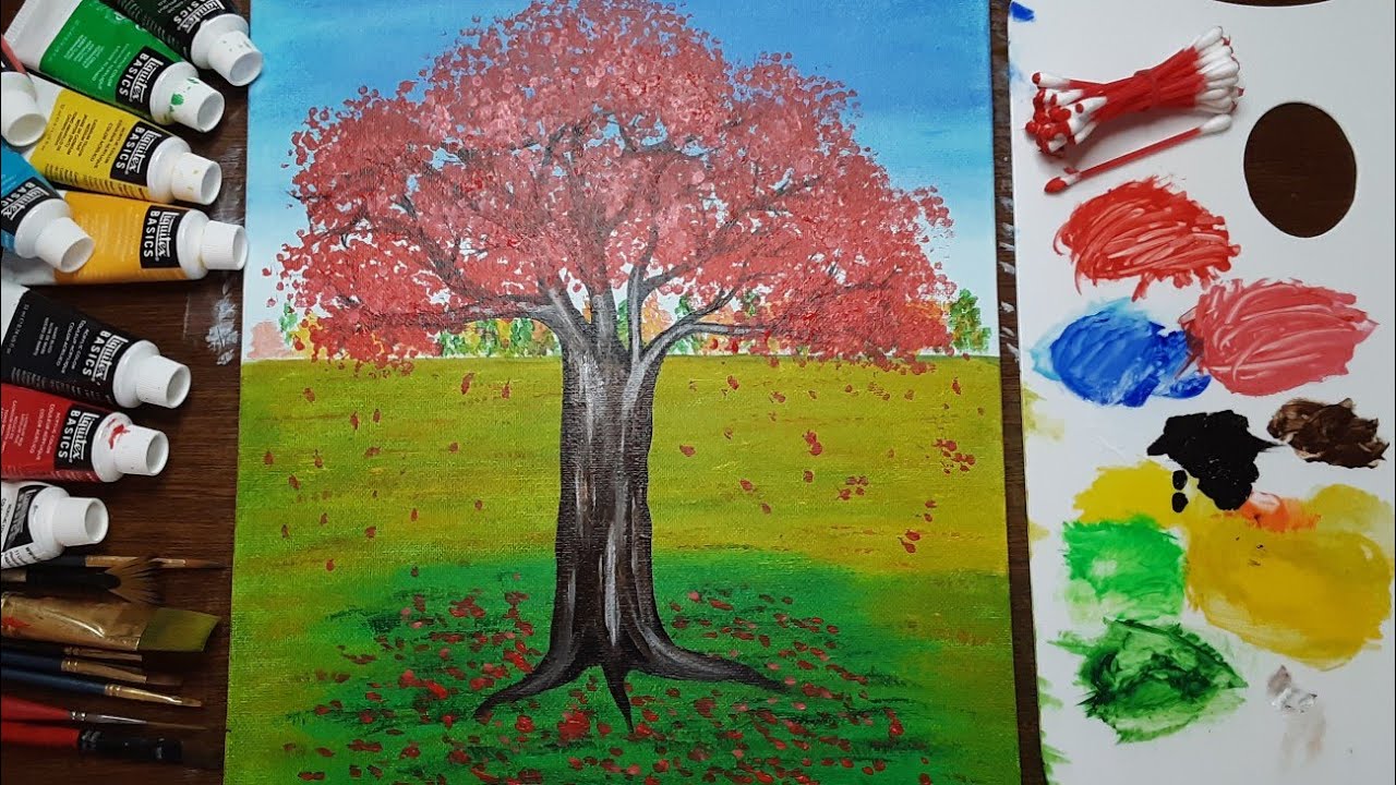 How to paint Red oak tree fall easily | acrylic painting | step by step ...