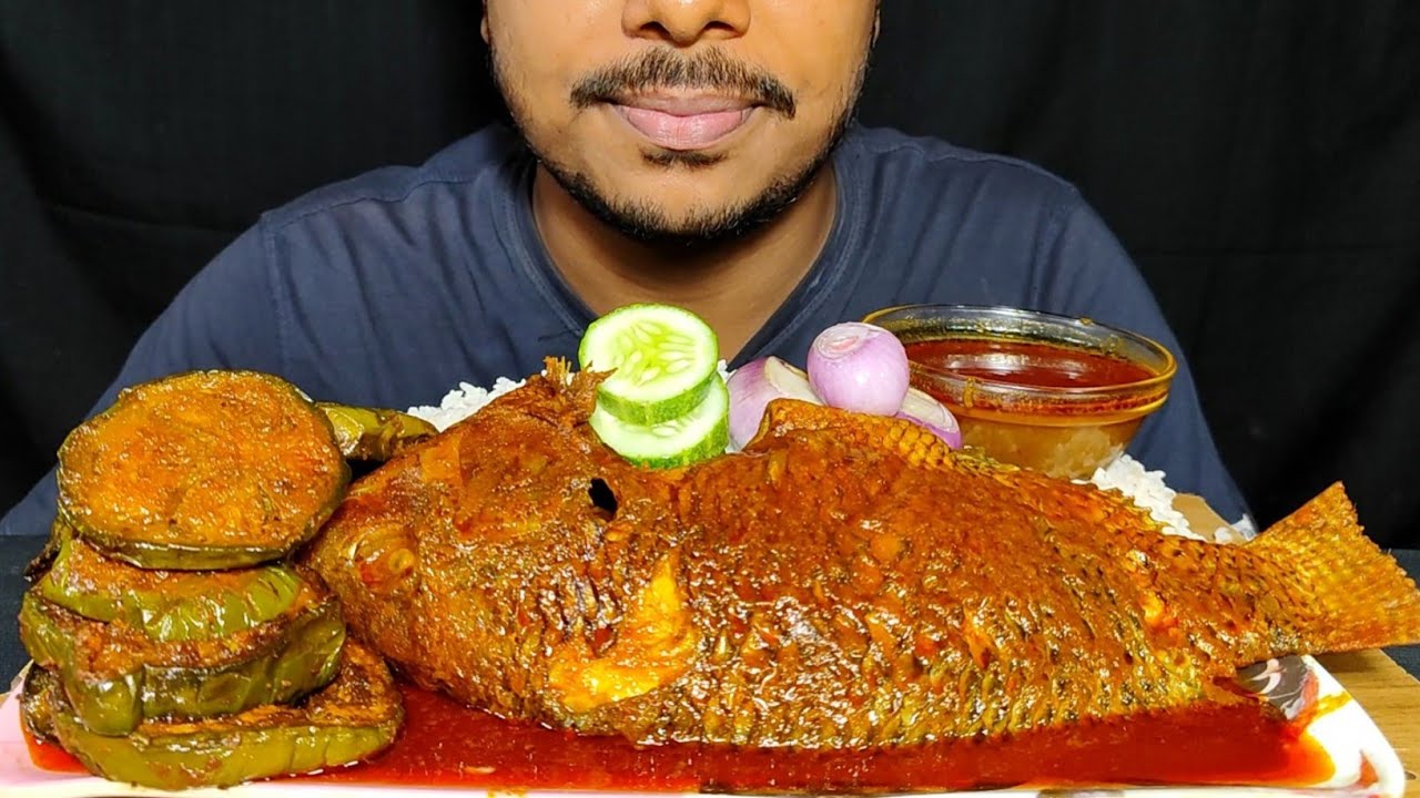 Eating Big Whole Fish Curry || Brinjoa Fry With Rice || Food Eating ...
