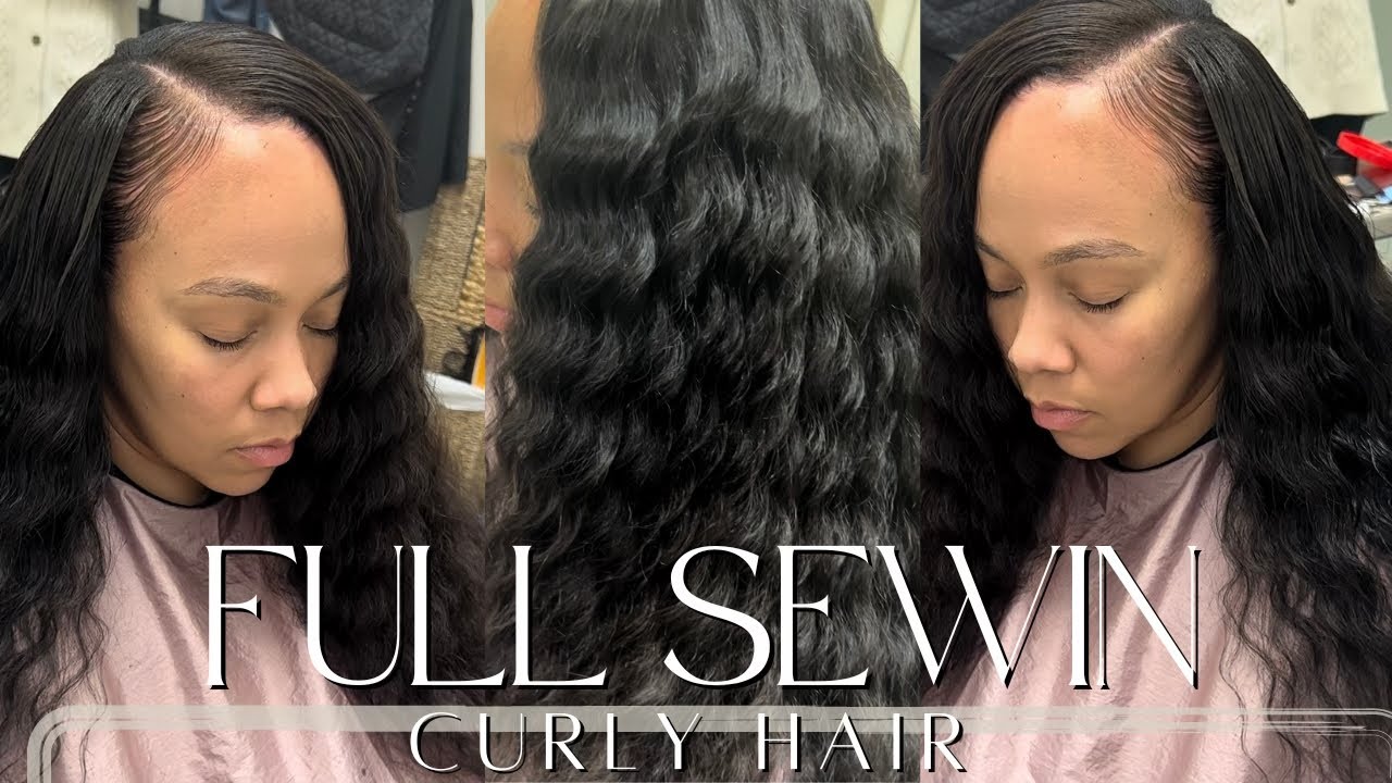 Full Sewin with leave out using Raw Indian curly hair bundles ...