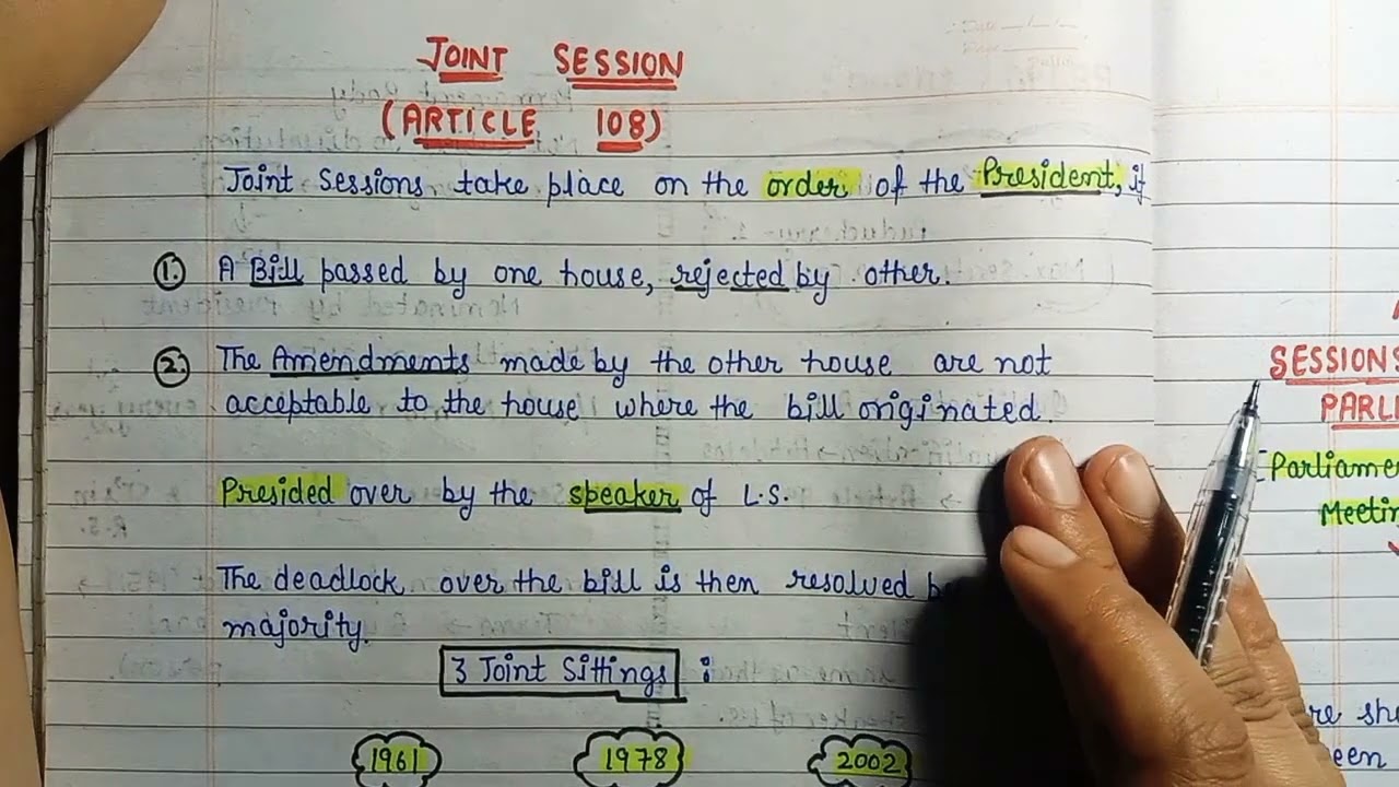 Joint Session of Parliament || lec.39 || Handwritten notes || Indian ...