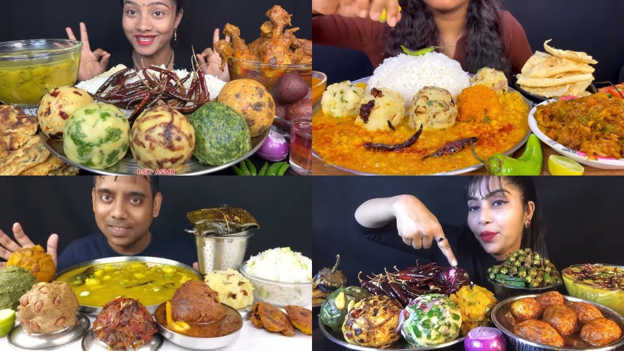 ASMR EATING DAL CHAVAL DIFFERENT TYPES OF BHARTA CHICKEN CURRY EGG ...