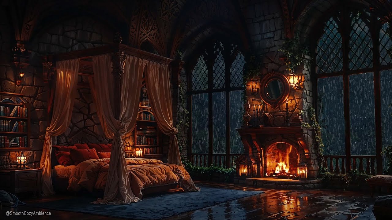 8 Hours - Deep Sleep This Marvelous Castle Room - Rain, Fireplace ...