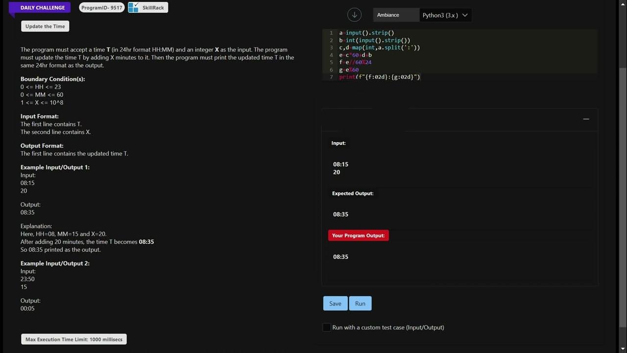 SKILLRACK | DAILY CHALLENGE || 17/11/2023 || UPDATE THE TIME | PROGRAM ID 9517 || PYTHON CODE ...