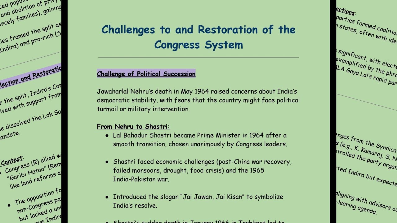 Notes of Challenges to and Restoration of the Congress System Class 12 ...