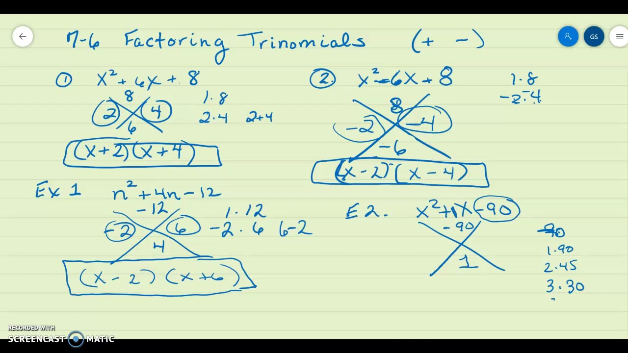 Alg 1 7-6 Factoring Trinomials - YouTube