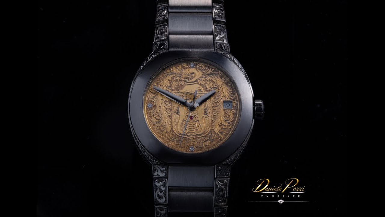 Custom watch - hand-engraved crest on gold dial , bracelet and case ...
