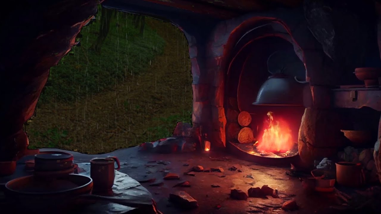 12 Hours 🔥 Beautiful Cozy Cave Ambience Crackling Campfire and Rain ...
