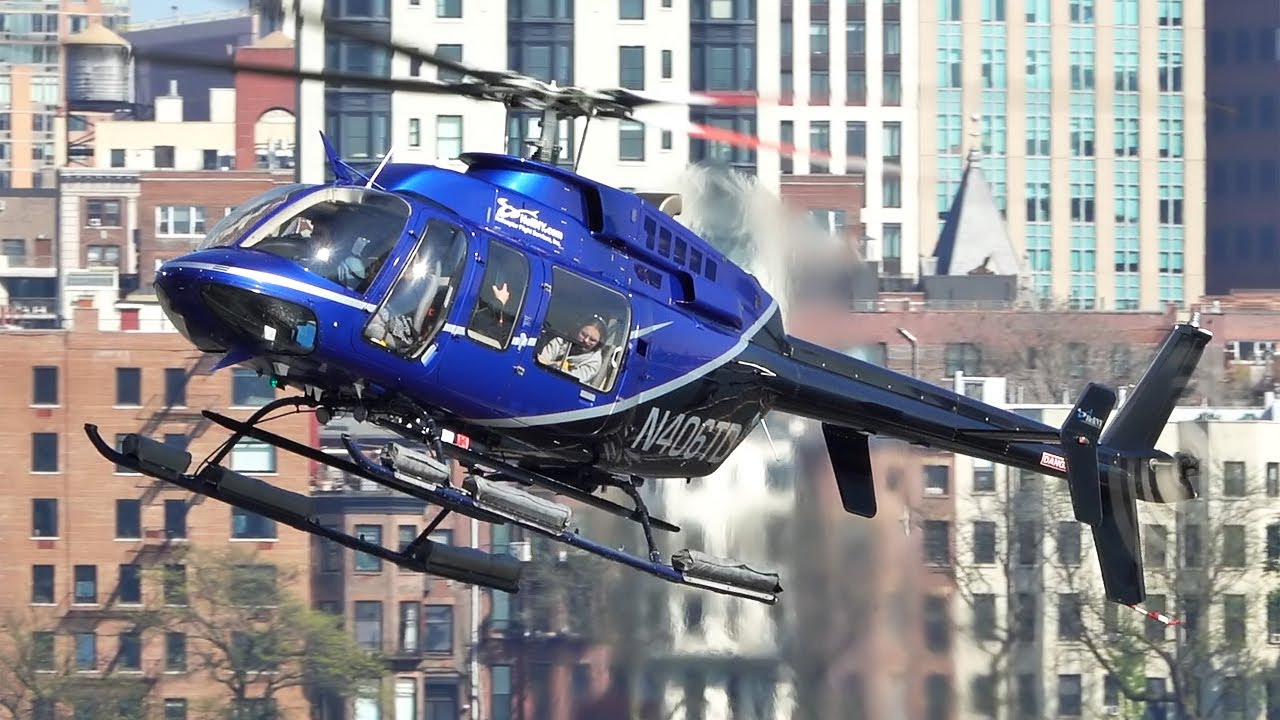 Stuning Bell helicopter 407 landing & takeoff at Manhattan heliport ...