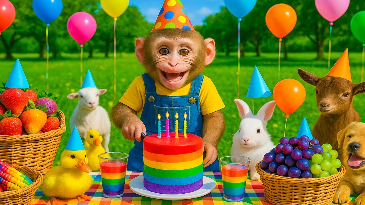 Mono BIBI entusiasmado corta un pastel de colores del arcoíris con los ...