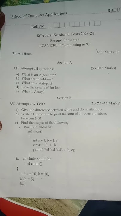 @BBDU BCA First Sessional #Programming_C Question paper - YouTube