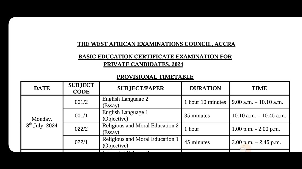The 2024 BECE Timetable For Private Candidates , WAEC - YouTube