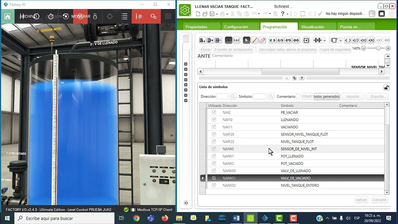 SIMULACIÓN DE LLENADO Y VACIADO DE TANQUE FACTORY IO SOMACHINE - YouTube