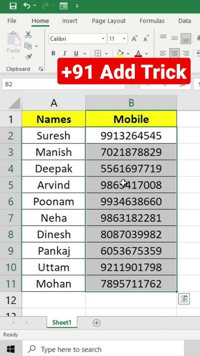 Add +91 before phone numbers in excel #exceltutorial #excel #exceltips - YouTube