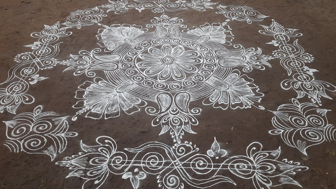 new lotus kolam with simple lotus side border design//daily muggulu ...