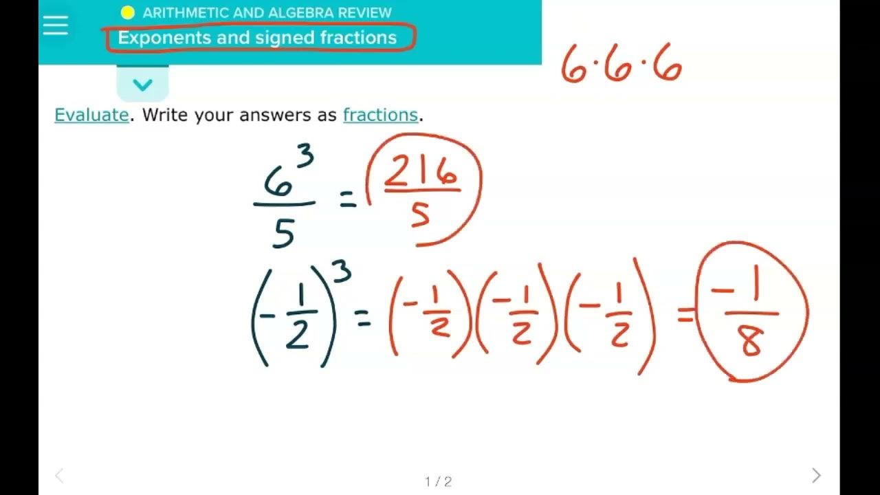 Exponents and signed fractions ALEKS Arithmetic Algebra Revi - YouTube