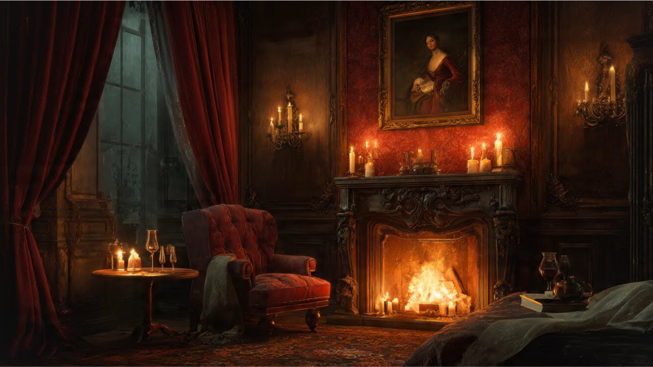 Vampire Room Ambience 🩸 Fireplace Sounds at Night | Gothic Dark Cozy ...