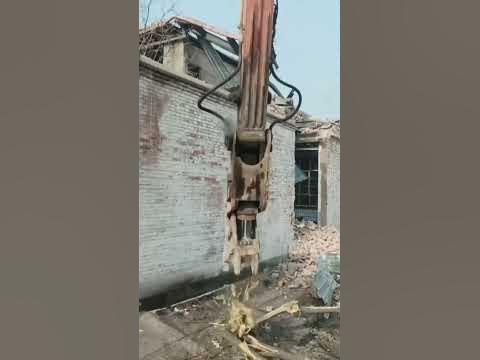Awesome excavator crushing tree and brick wall - YouTube