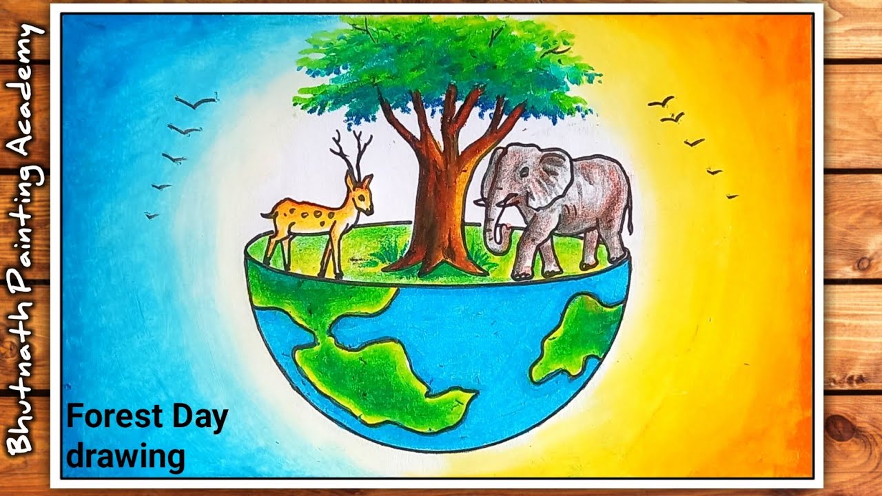 World forest day drawing easy||animal forest scenery drawing with oil ...