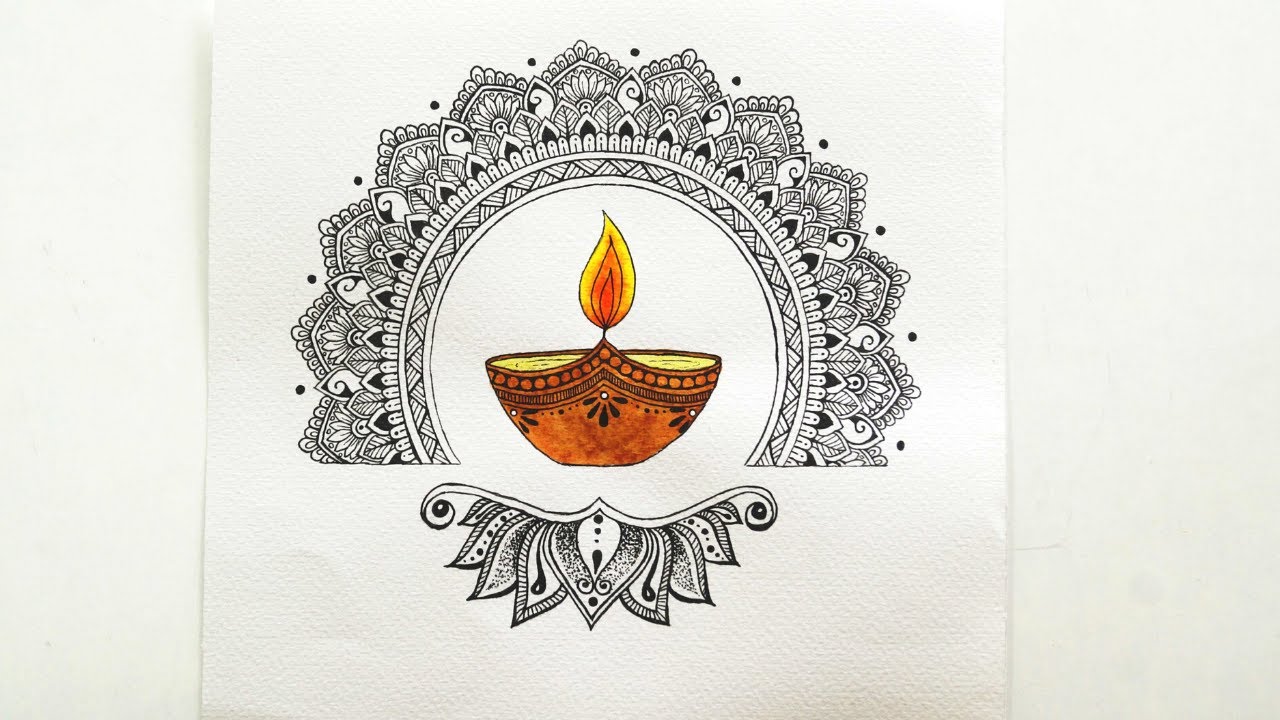 Diwali mandala diya art for beginners || Diya drawing || Watercolor ...