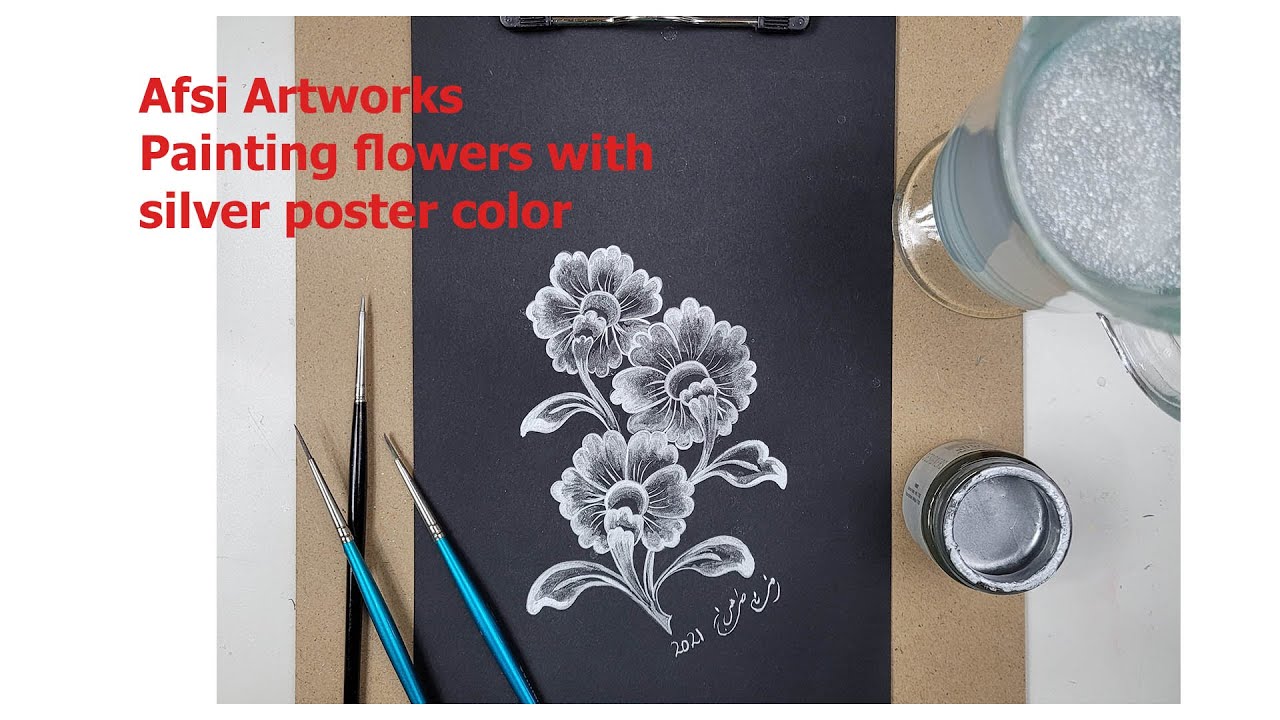 Painting flowers with silver poster color and brush - YouTube