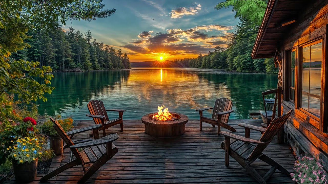Lakeside Fire Pit Sounds for Deep Sleep & Relaxation | 4K Spring Nature ...