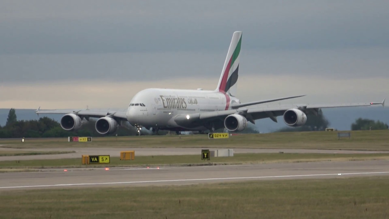 Emirates Airlines EK19 A6-EUY Airbus A380-842 Touchdown EGCC - YouTube