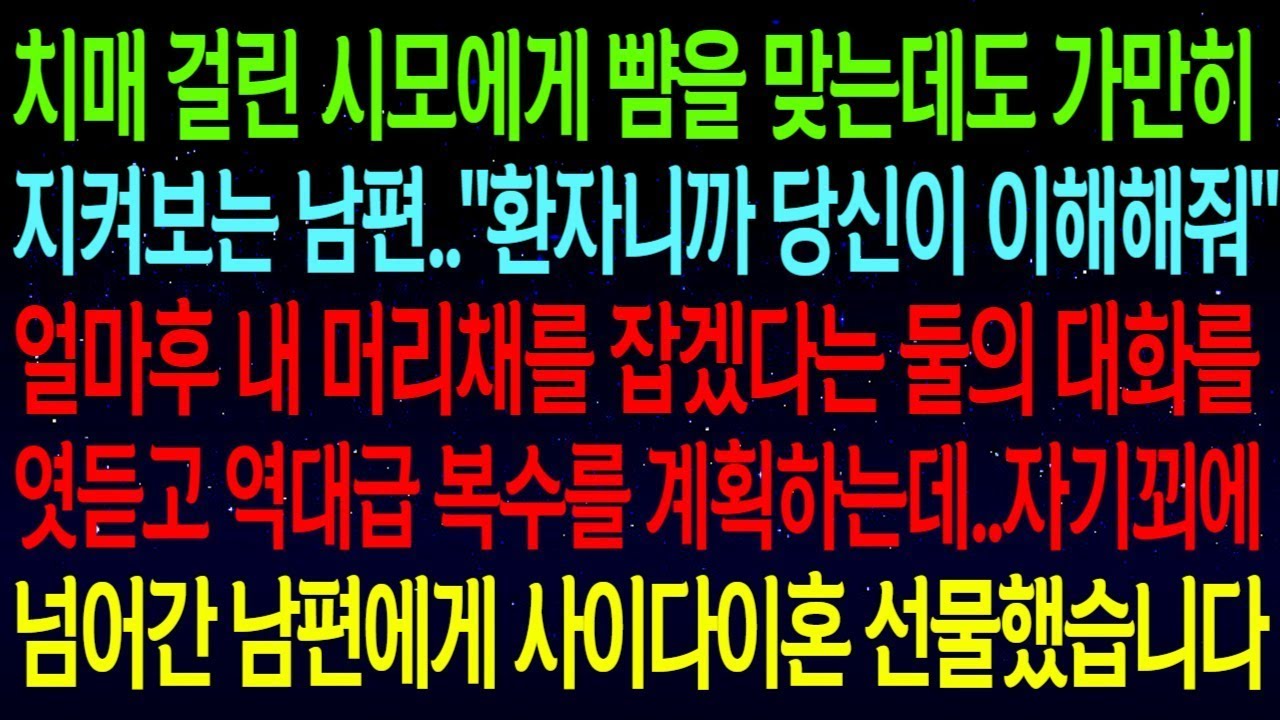 【사연열차①】치매 시모에게 당하는 나를 가만히 지켜보는 남편환자니까 이해해줘얼마후 내 머리채를 잡겠다는 둘의 대화를 엿듣고 복수를 계획하는데사이다이혼했습니다