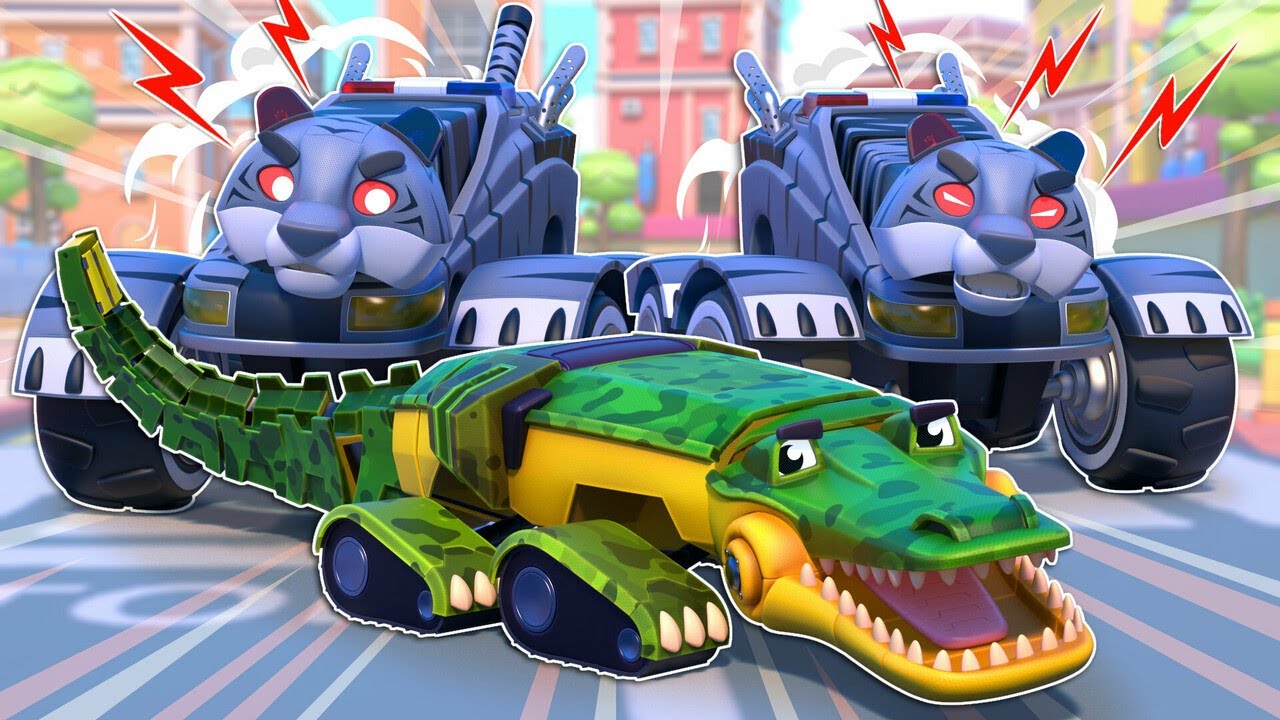 TIGER POLICE CAR evil CLONES destroy the city! Help, CROCODILE CAR ...