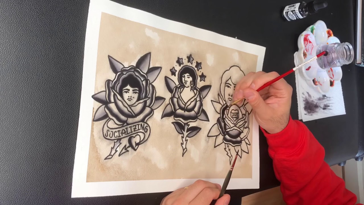Traditional Tattoo Flash Shading - YouTube