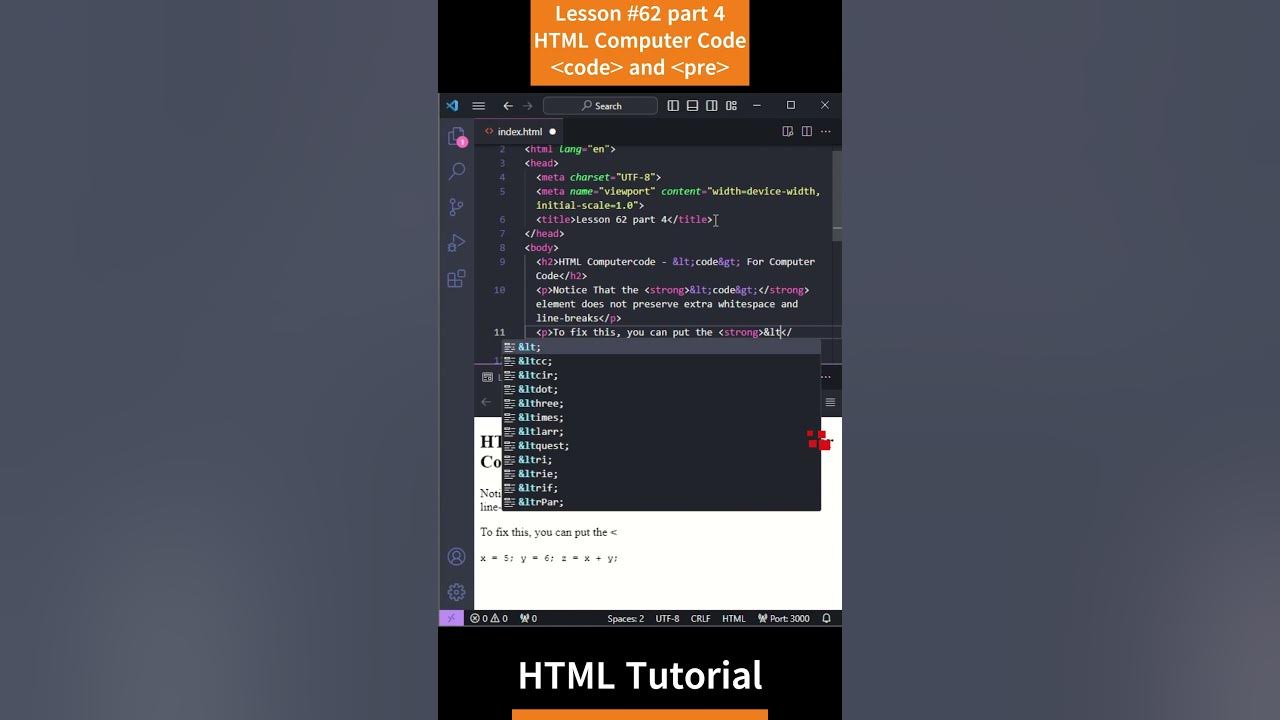 Html Tutorial Lesson 62 Html Computercode Code And Pre Part 4 Shorts Html Htmltutorial Js