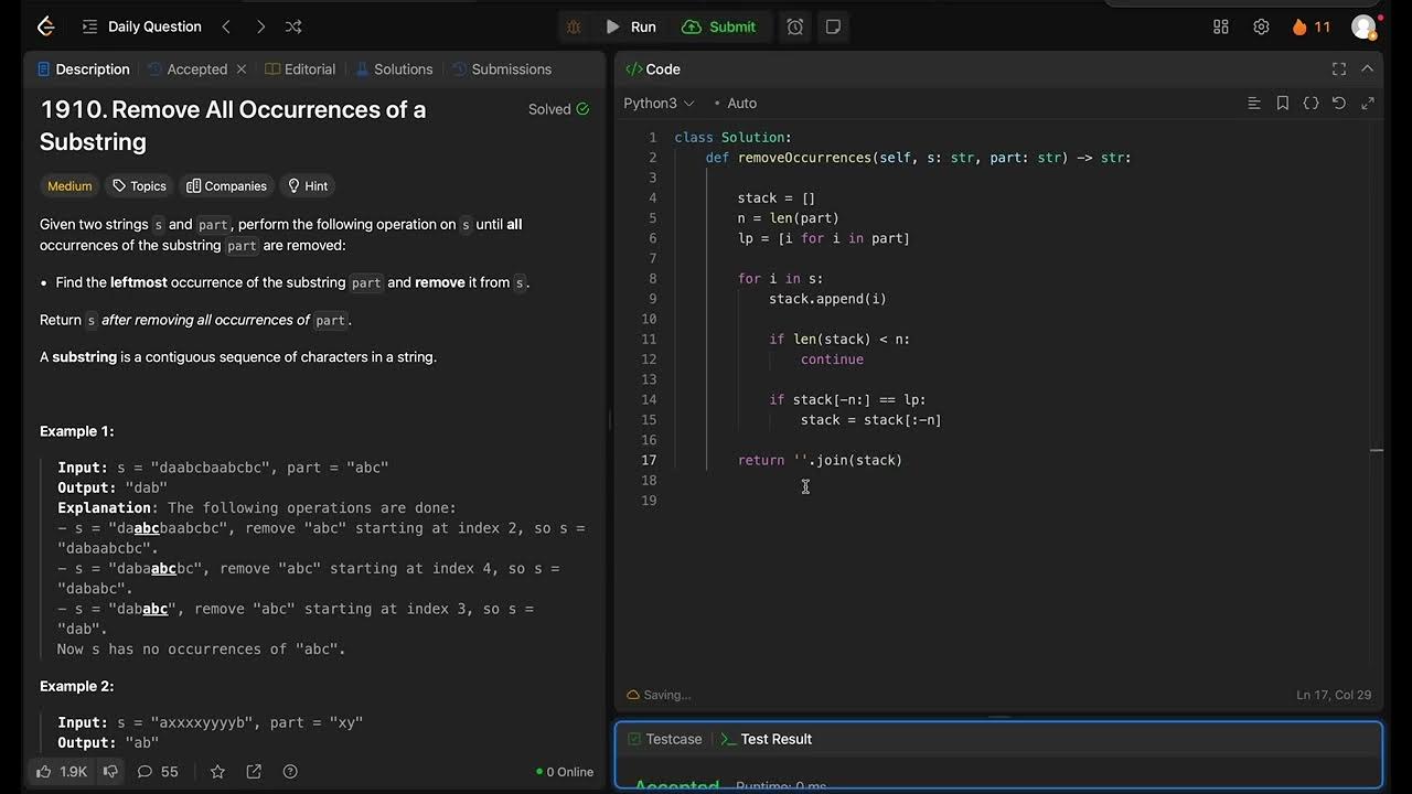 Leetcode 1910 - Remove All Occurrences of a Substring - Python - YouTube