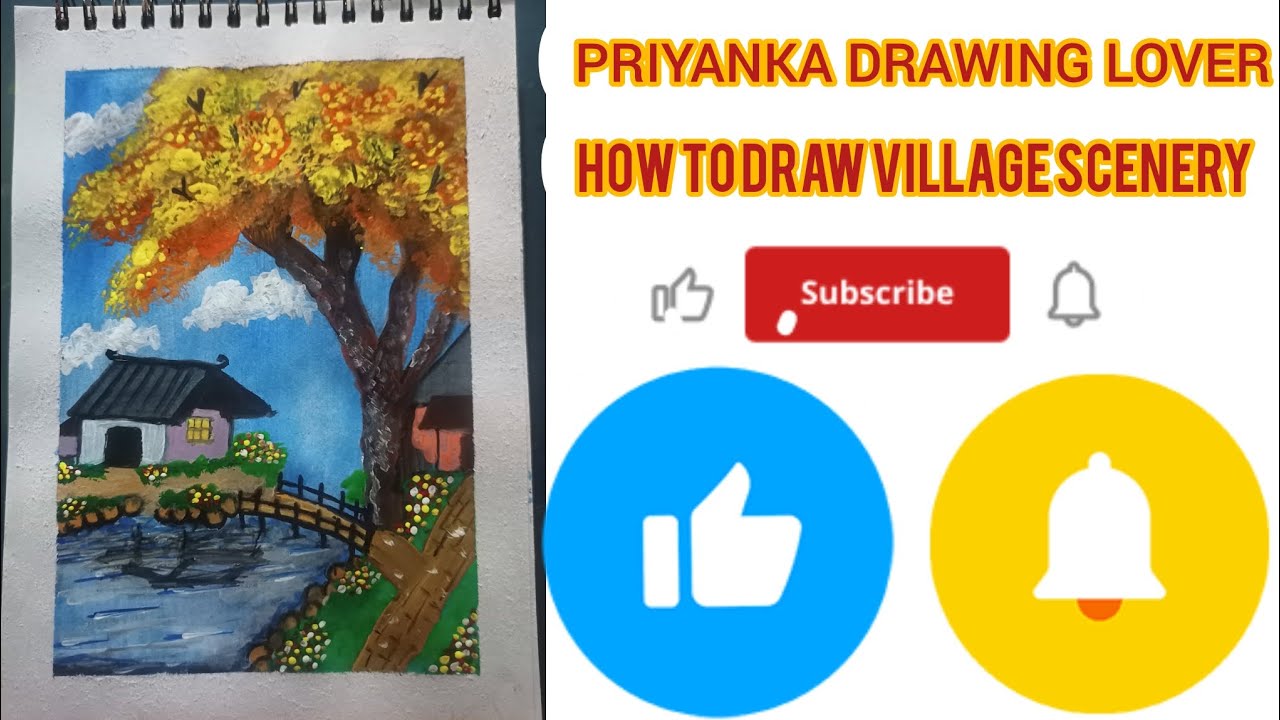 How to draw village scenery || Sundor Village Scenery Drawing | Very ...