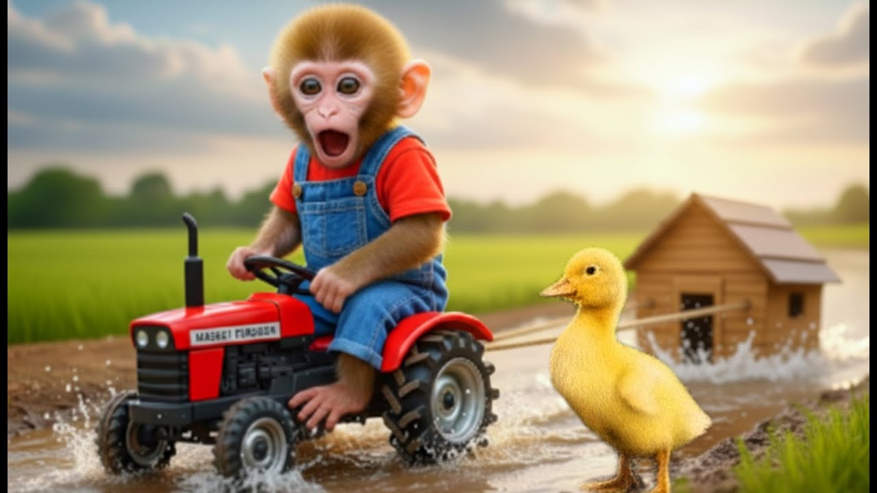 Monkey Farmer And Duckling Drives Tractor To Pull His House Away From ...