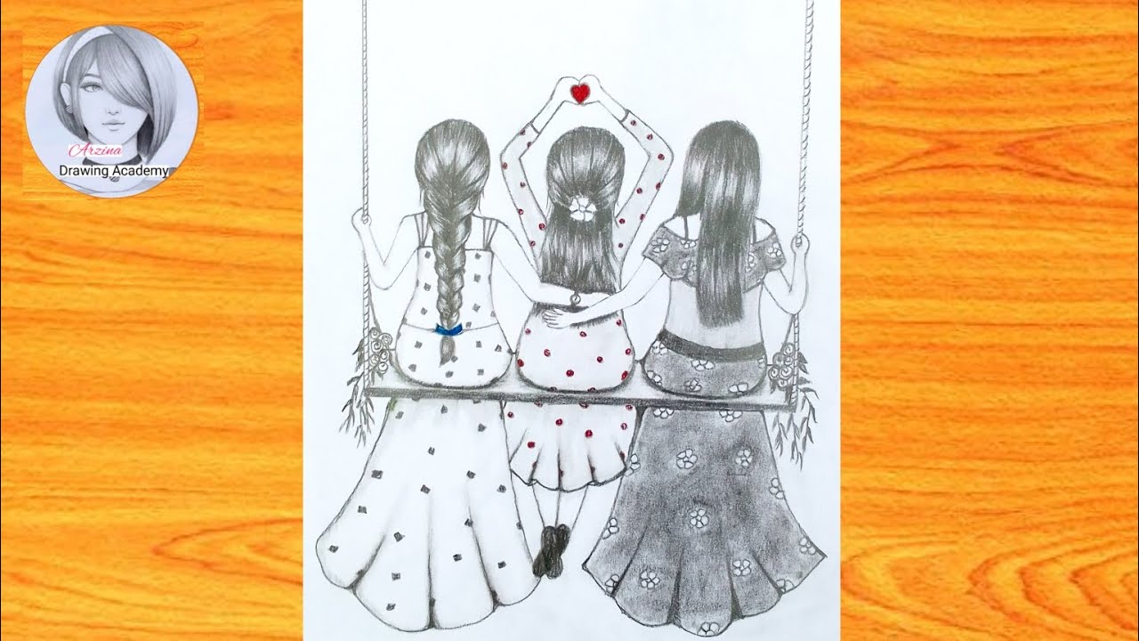 How to draw three best friend's sitting together on a swing//pencil ...