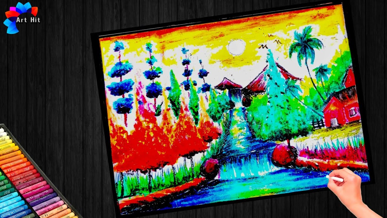 How to draw beautiful natural art with oil pastal-step by step- art hit ...