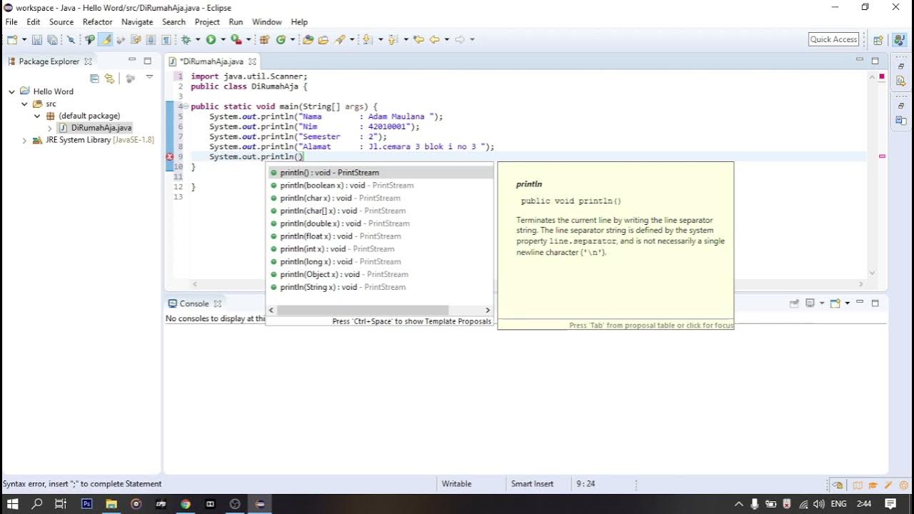 Membuat program Java dengan eclipse , untuk menampilkan Nama, NIM, Semester, Alamat. - YouTube