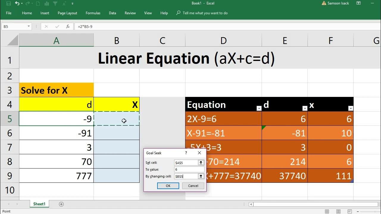 EXCEL: How to Solving Linear Equation of Degree 1 with one variable using Goal Seek in excel ...
